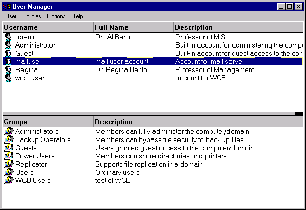 User manager main screen