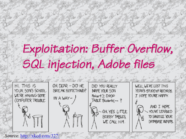 Exploitation: Buffer Overflow, SQL injection, Adobe files